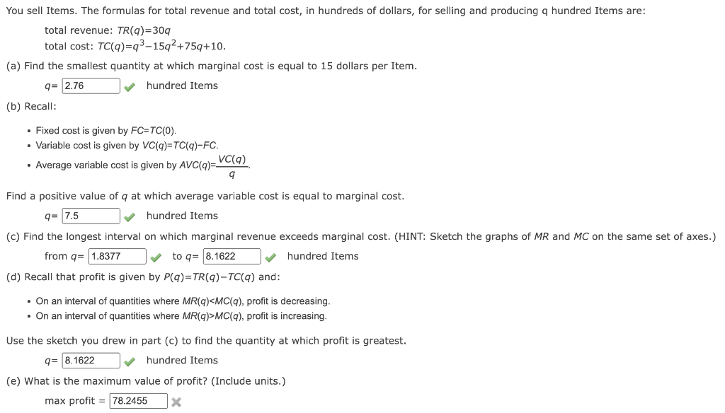 Solved You sell Items. The formulas for total revenue and | Chegg.com