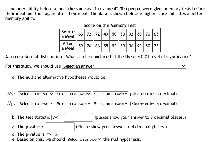 Solved Is memory ability before a meal the same as after a | Chegg.com