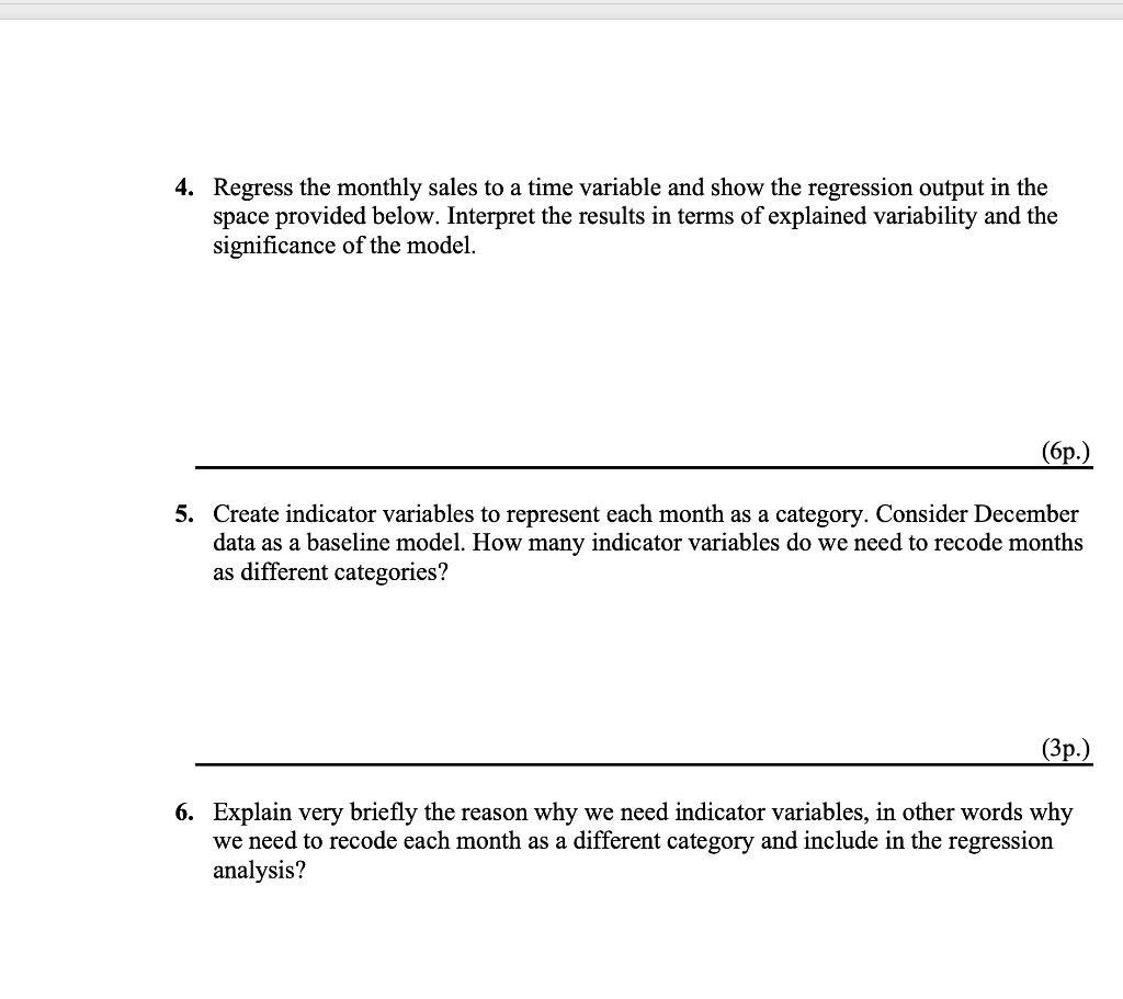 Solved 4 Regress The Monthly Sales To A Time Variable And 