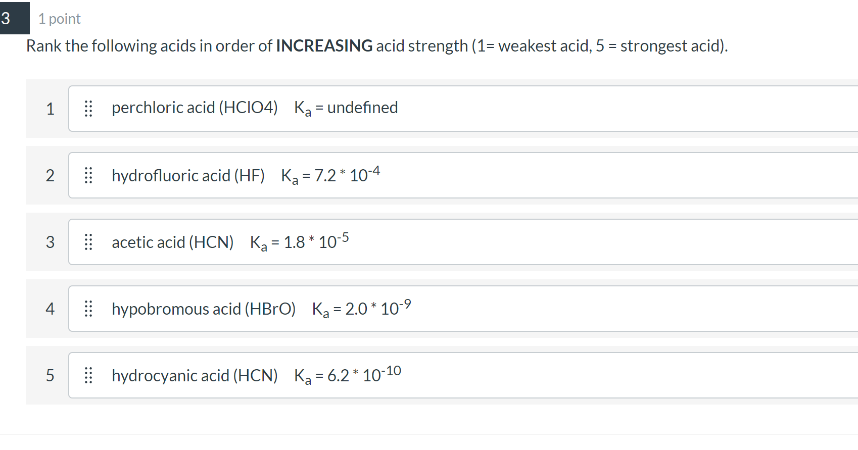 Solved 3 1 point Rank the following acids in order of | Chegg.com
