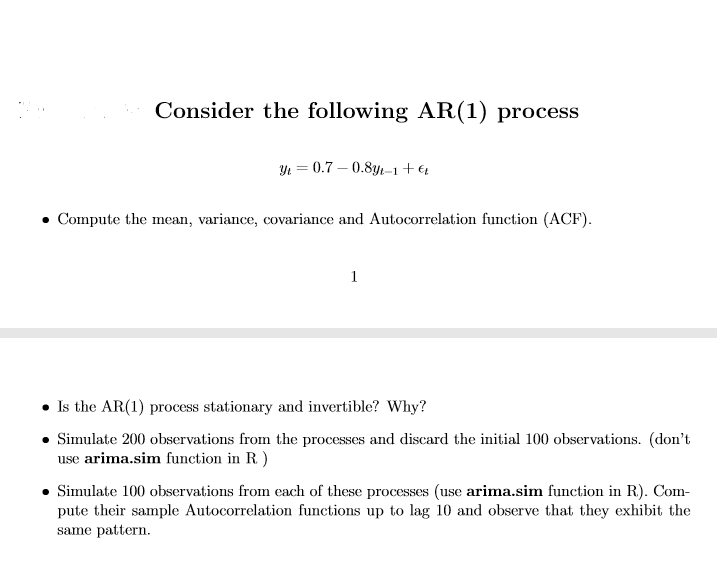 Consider the following AR(1) process Y=0.7 -0.8y-1 + | Chegg.com