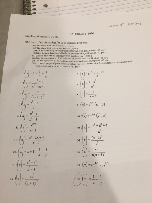 Solved CALCULUS 1-1950 Graphing Worksheet: 20 pts. Find each | Chegg.com