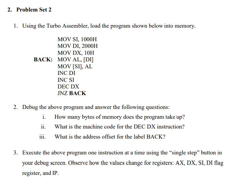 Solved 2. Problem Set 2 1. Using the Turbo Assembler, load | Chegg.com