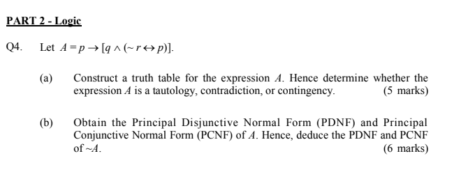 Solved PART 2 - Logic Q4. Let A = p [9^(-r+p)]. (a) | Chegg.com