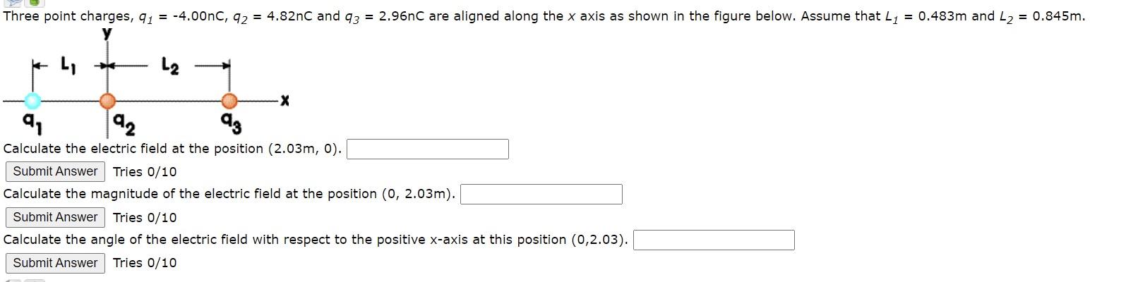 Solved Three point charges, q1 = -4.00nC, 92 = 4.82nC and 93 | Chegg.com