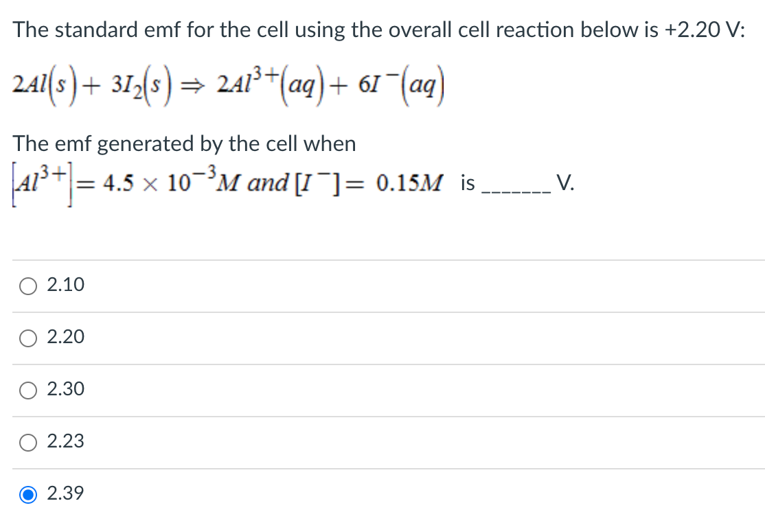 Solved The standard emf for the cell using the overall cell | Chegg.com