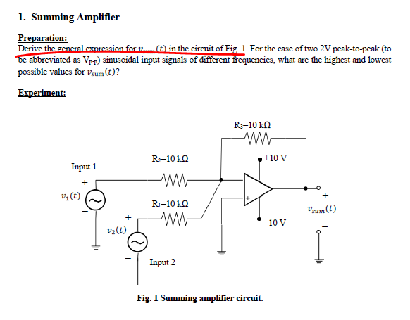 Solved 1. Summing Amplifier Preparation: Derive the | Chegg.com