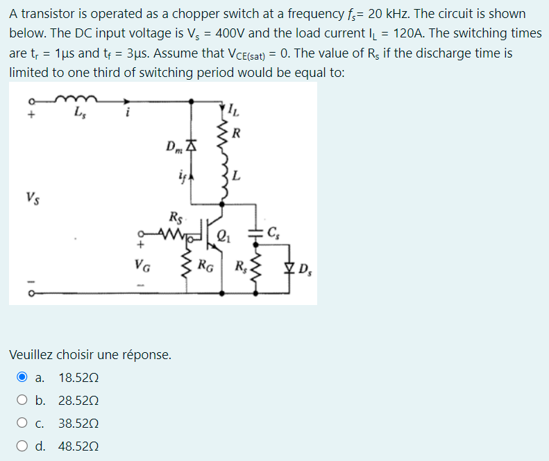 Solved A transistor is operated as a chopper switch at a | Chegg.com