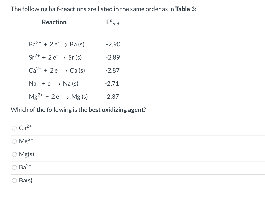 Solved The following half-reactions are listed in the same | Chegg.com