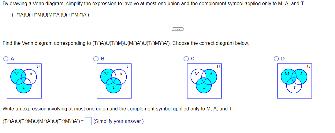 Solved By drawing a Venn diagram, simplify the expression to | Chegg.com