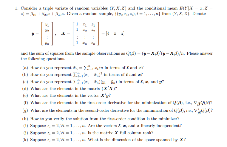 Consider a triple variate of random variables (Y,X,Z) | Chegg.com