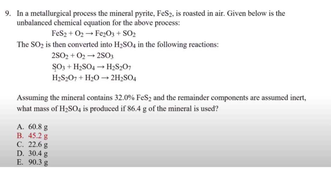 Solved In a metallurgical process the mineral pyrite, FeS2, | Chegg.com