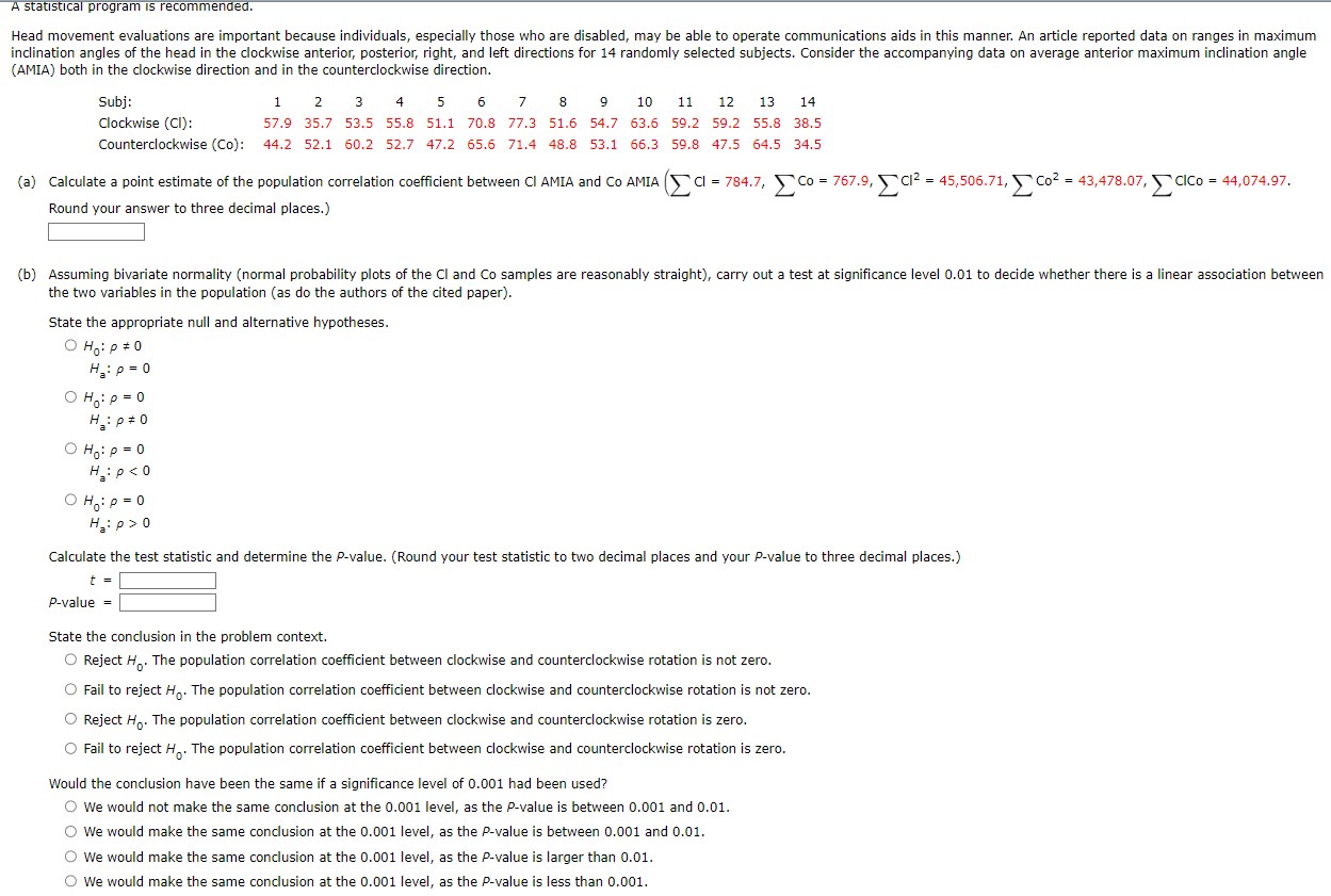 Solved A statistical program is recommended.(AMIA) ﻿both in | Chegg.com