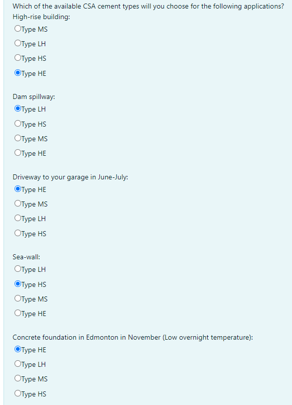 Solved Which of the available CSA cement types will you | Chegg.com