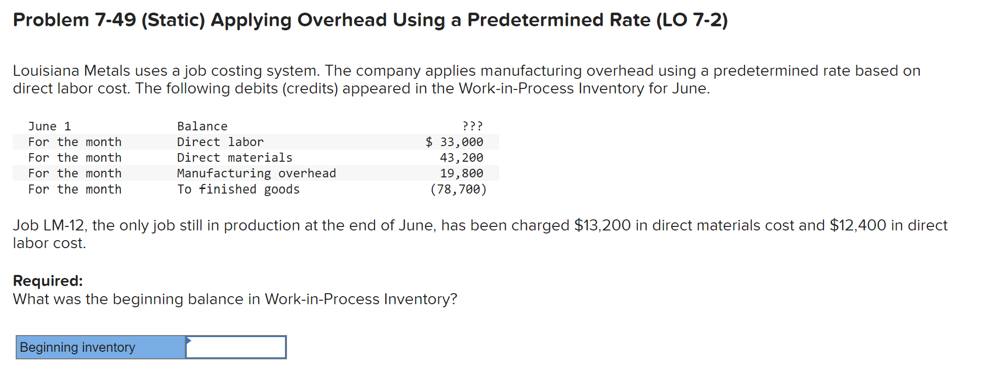 Solved Problem 7-49 (Static) Applying Overhead Using a | Chegg.com