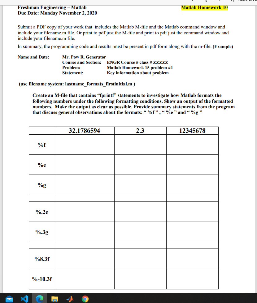 Matlab Homework 10 Freshman Engineering Matlab Due