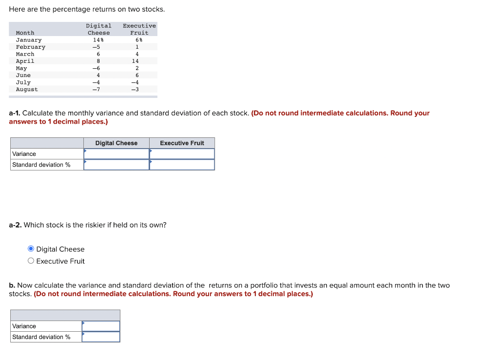Solved Here are the percentage returns on two stocks. a-1. | Chegg.com