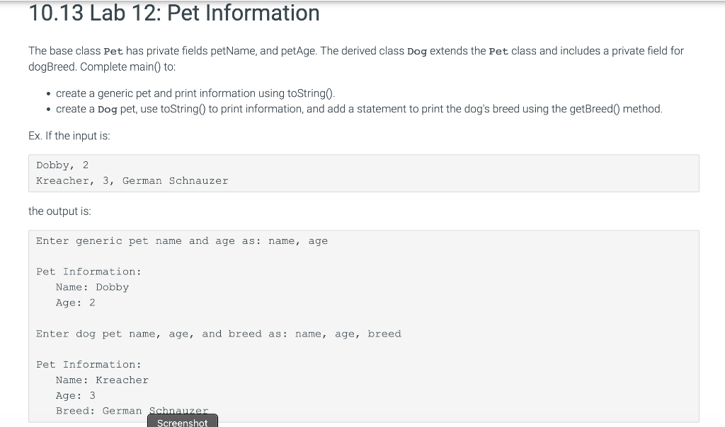 Solved The base class Pet has private fields petName, and | Chegg.com