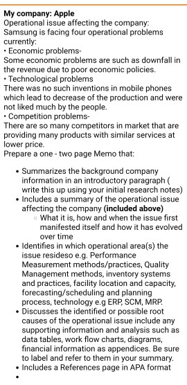 My company: Apple Operational issue affecting the | Chegg.com