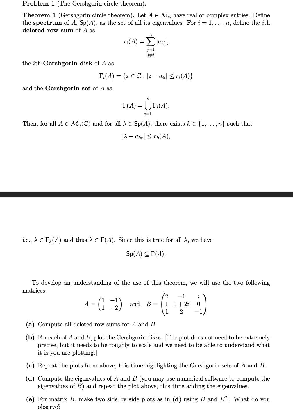Solved Problem 1 (The Gershgorin circle theorem). Theorem 1 | Chegg.com