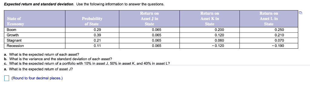 Solved Expected return and standard deviation. Use the | Chegg.com