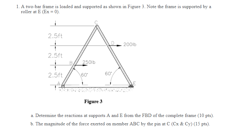 Solved 1. A two-bar frame is loaded and supported as shown | Chegg.com