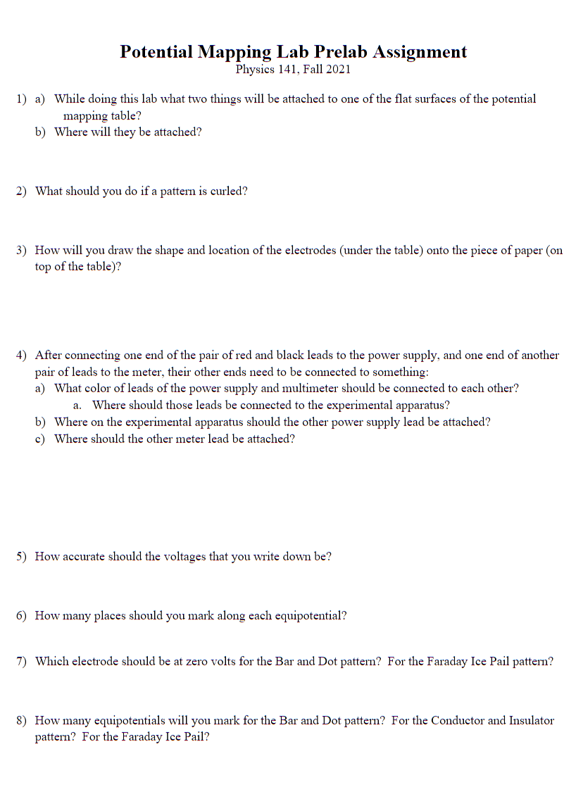Potential Mapping Lab Prelab Assignment Physics 141, | Chegg.com