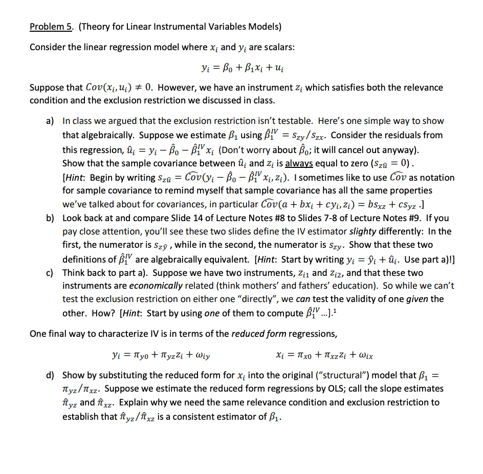 Problem 5. (Theory for Linear Instrumental Variables | Chegg.com
