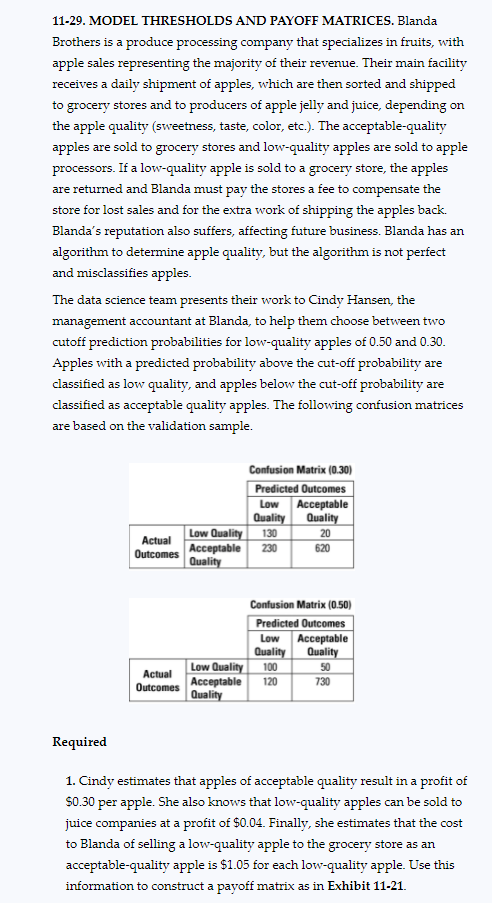 11-29. MODEL THRESHOLDS AND PAYOFF MATRICES. Blanda | Chegg.com