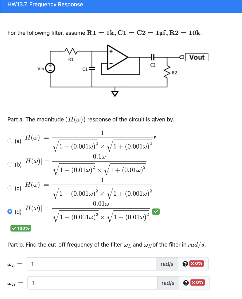 Solved HW13.7. Frequency Response For the following filter, | Chegg.com