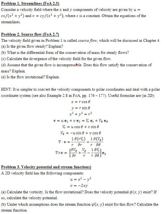 Solved Problem 1 Streamlines F0A 2 3 Consider A Velo Chegg