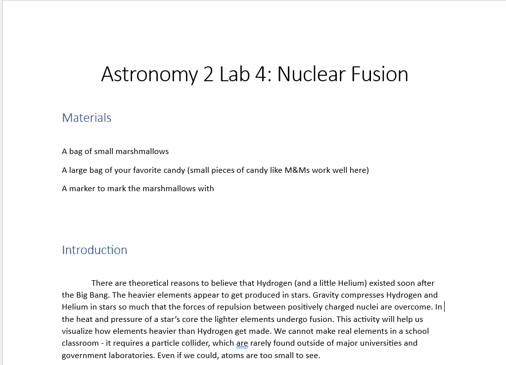 Astronomy 2 Lab 4: Nuclear Fusion Materials A bag of | Chegg.com