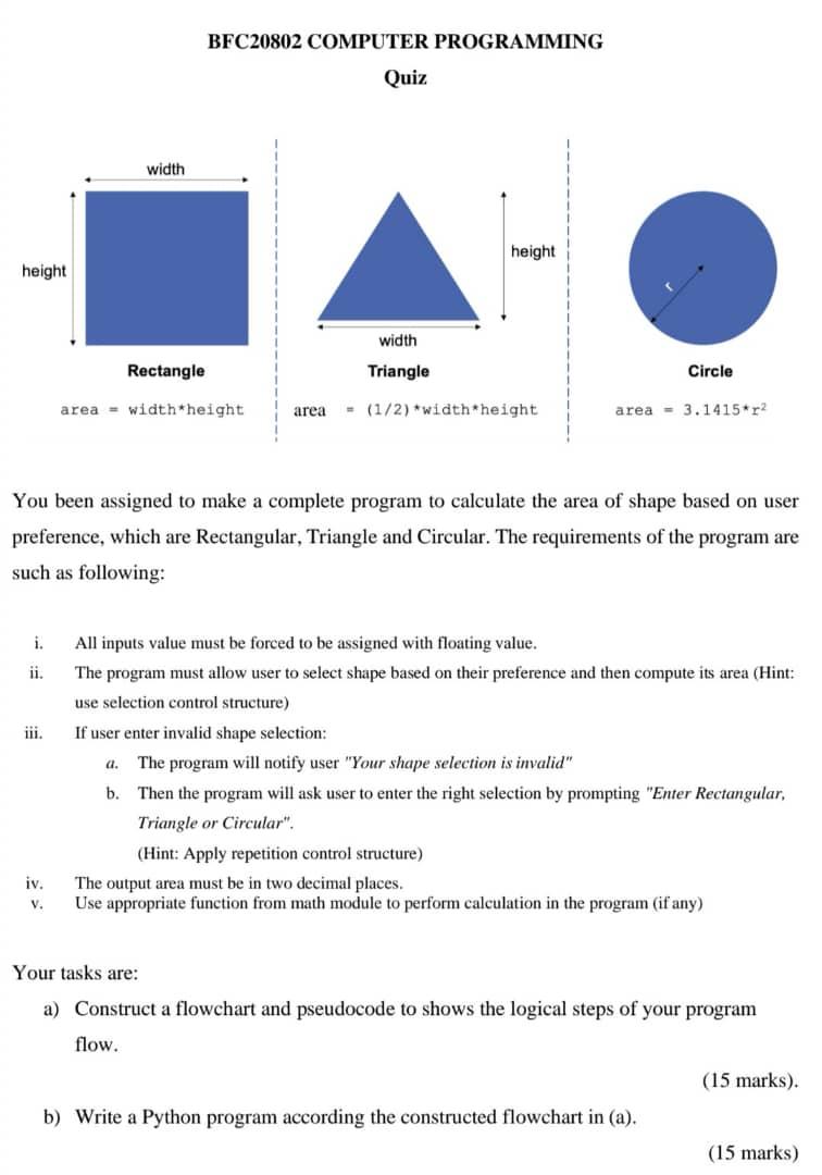 Solved BFC20802 COMPUTER PROGRAMMING Quiz width height | Chegg.com