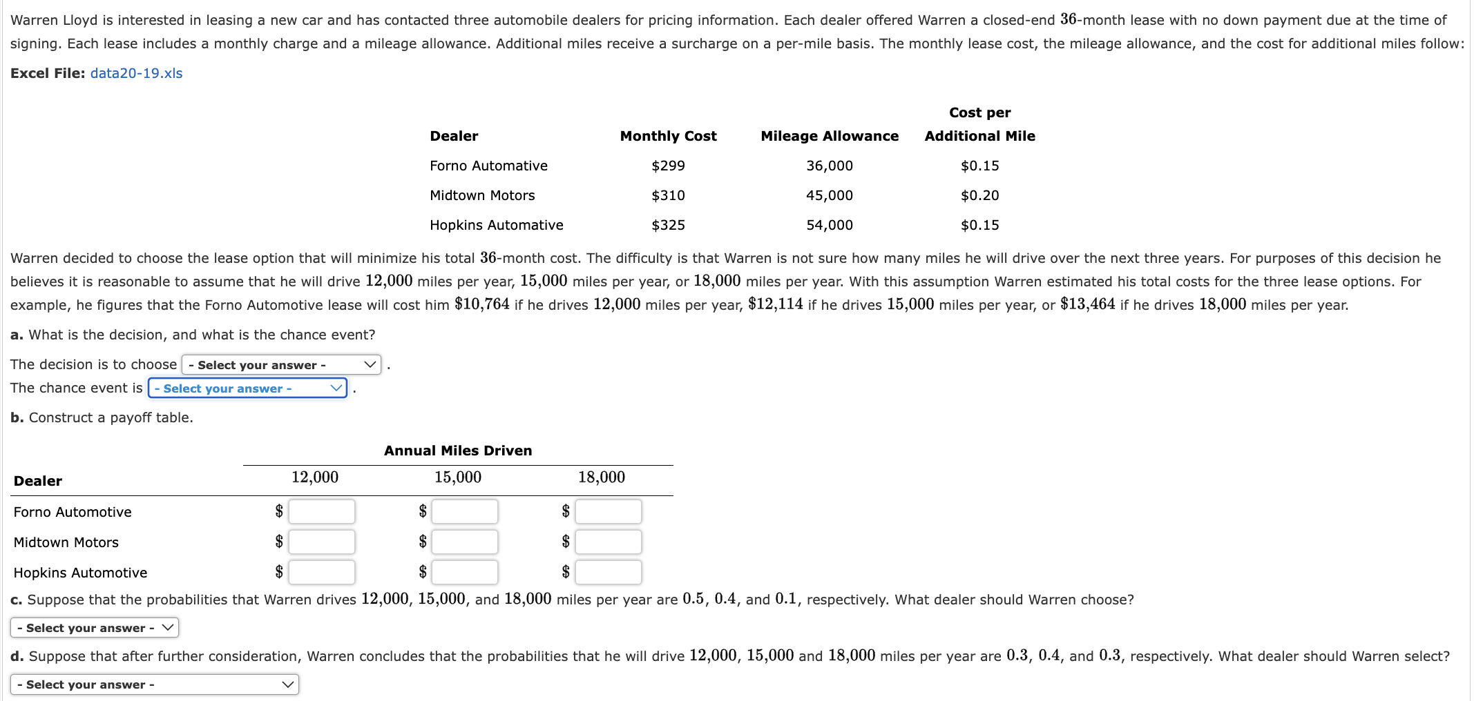 Solved Excel File: data20-19.xlsa. ﻿What is the decision, | Chegg.com
