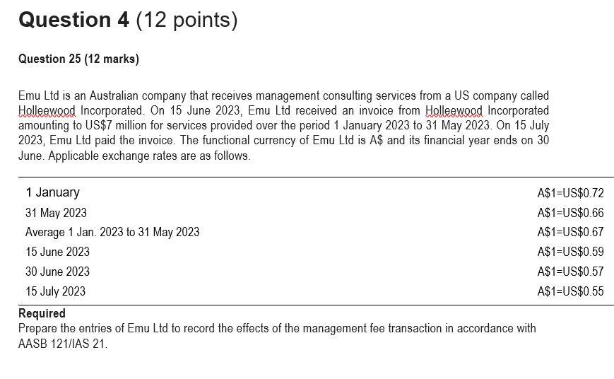 Solved Question 4 (12 points) Question 25 (12 marks) Emu Ltd | Chegg.com