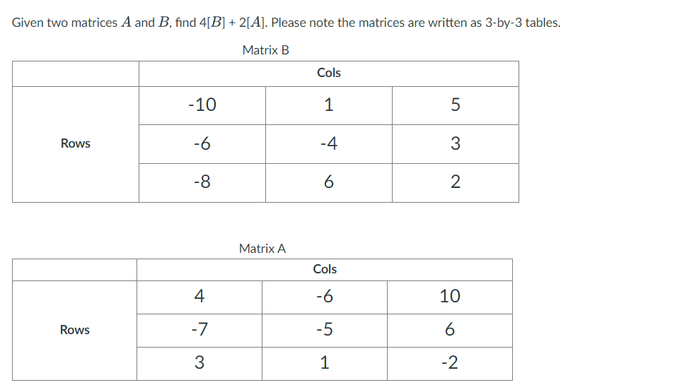 Solved Given two matrices A and B, find 4[B]+2[A]. Please | Chegg.com