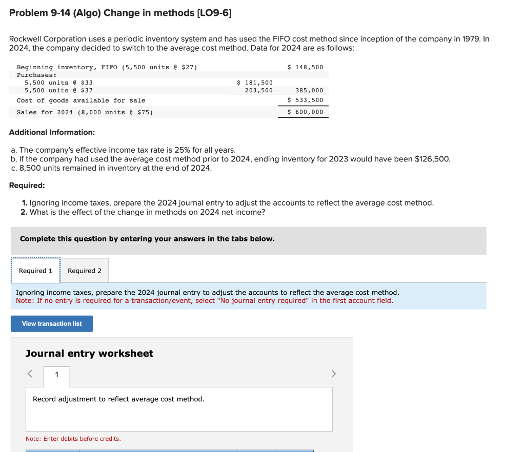 Solved Problem 9-14 (Algo) Change in methods [LO9-6] | Chegg.com