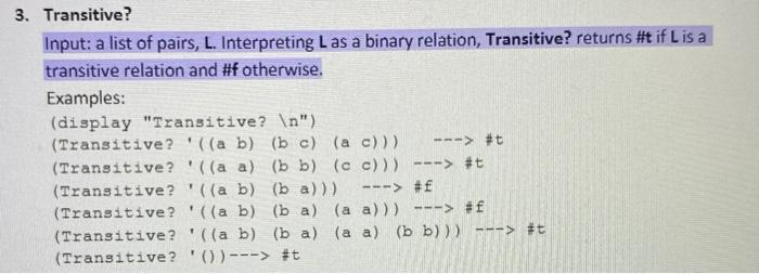 Solved 3. Transitive? Input: a list of pairs, L. | Chegg.com