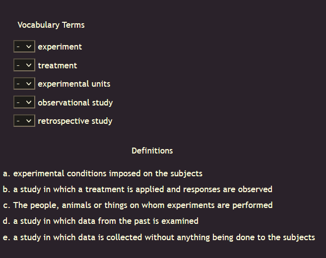 Solved Vocabulary Terms experiment treatment experimental | Chegg.com