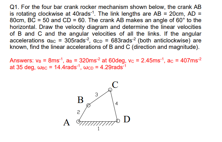 Solved Q1. For the four bar crank rocker mechanism shown | Chegg.com