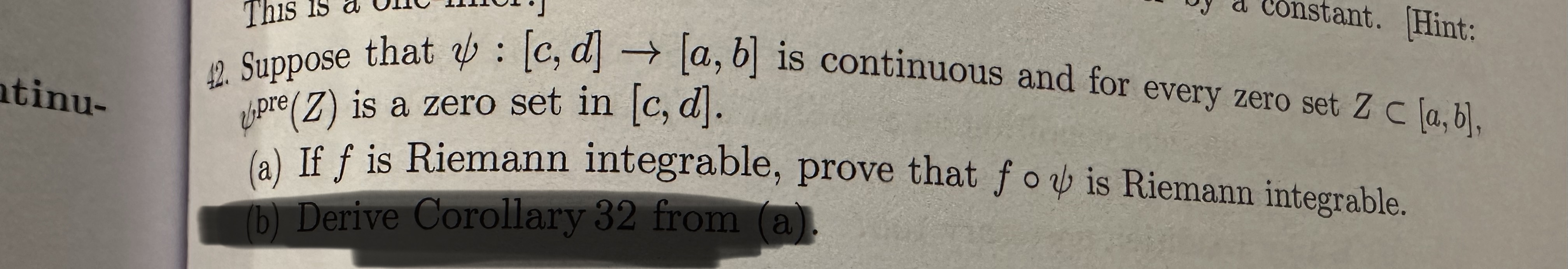 Solved 42. Suppose that ψ:[c,d]→[a,b] is continuous and for | Chegg.com