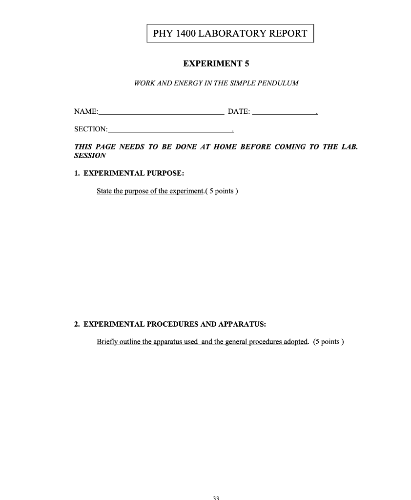 PHY 1400 LABORATORY REPORT EXPERIMENT 5 WORK AND | Chegg.com