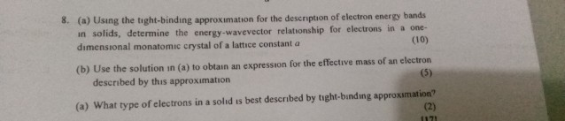 Solved 8. (a) Using the tight-binding approximation for the | Chegg.com