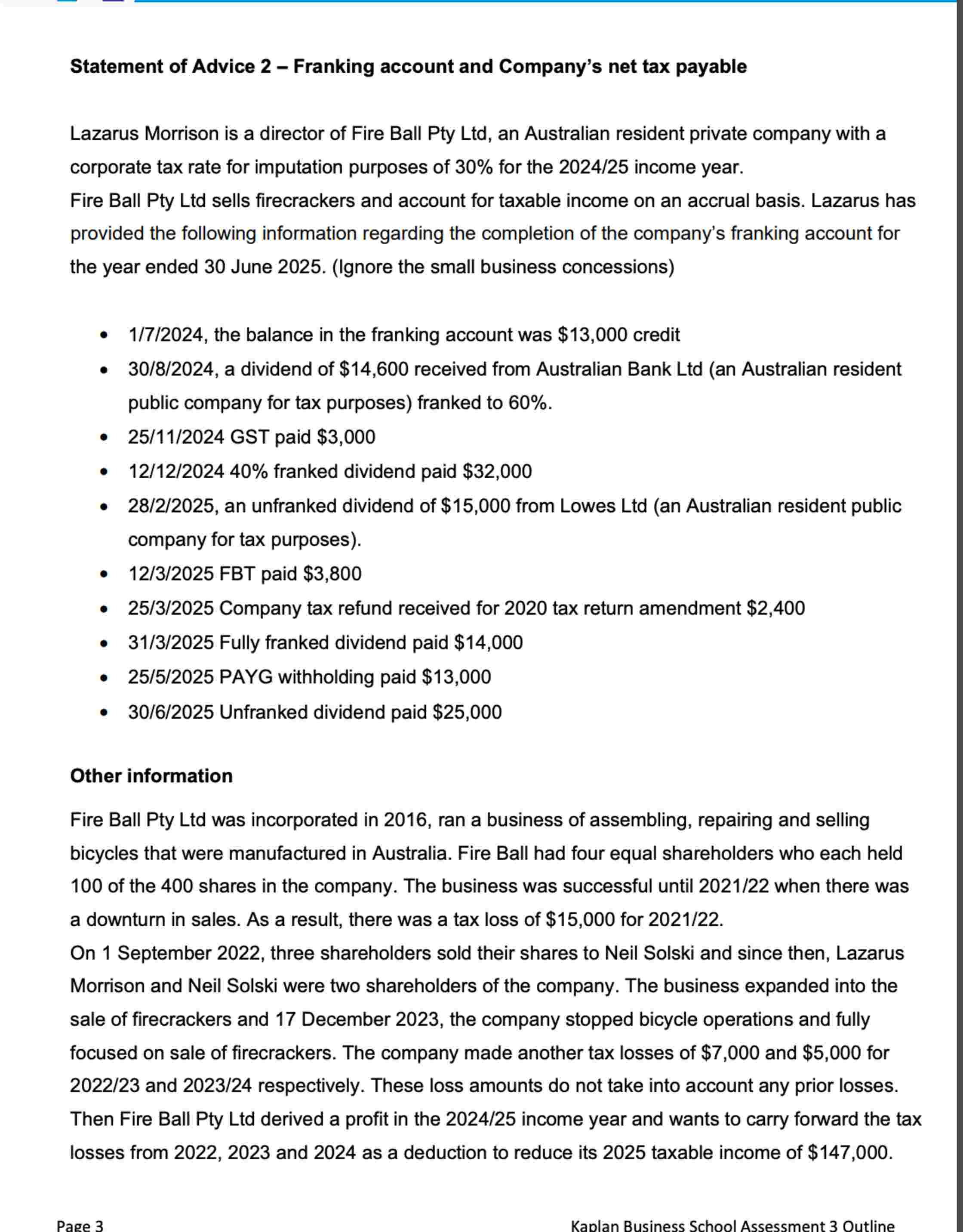 Solved Statement of Advice 2 - ﻿Franking account and | Chegg.com