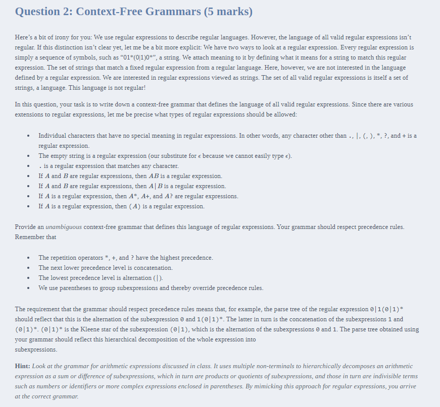 Solved Question 2: Context-Free Grammars (5 marks) Here's a | Chegg.com