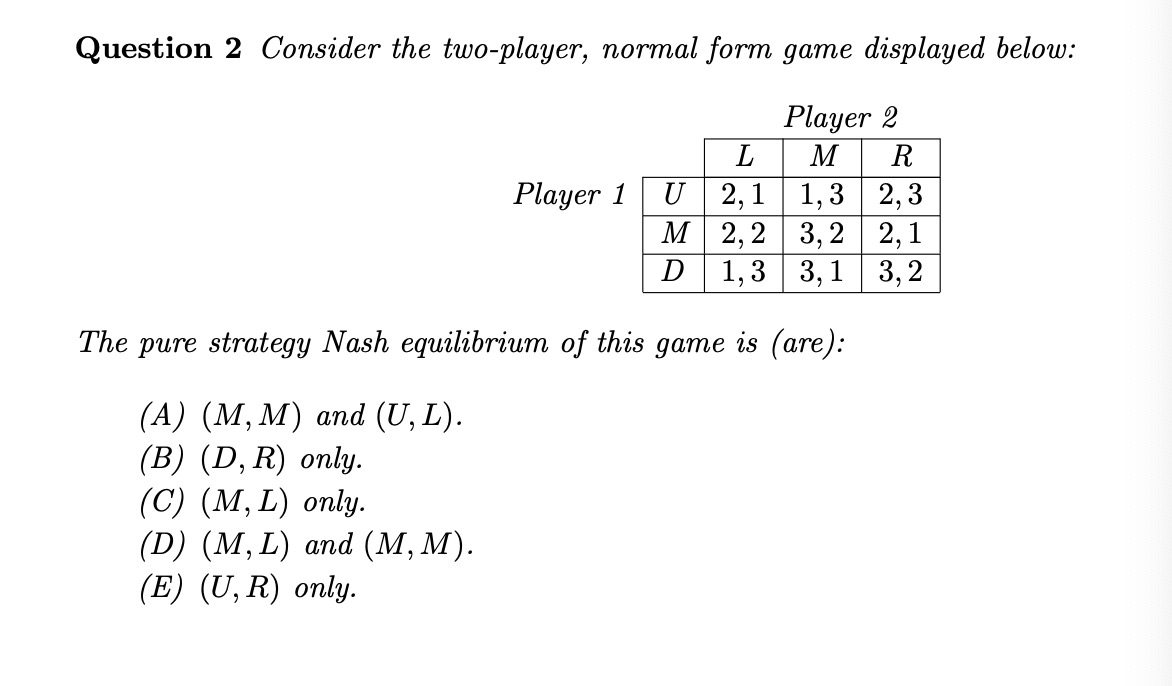 Solved Question 2 Consider the two-player, normal form game | Chegg.com