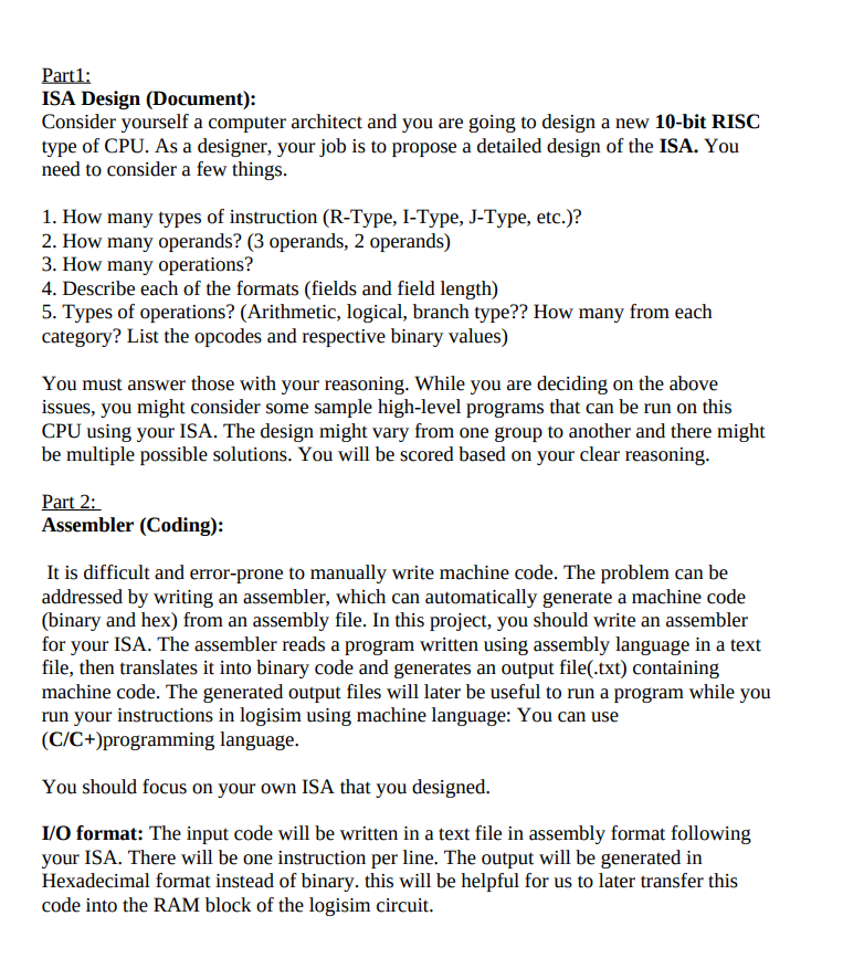 Solved Part1: ISA Design (Document): Consider yourself a | Chegg.com
