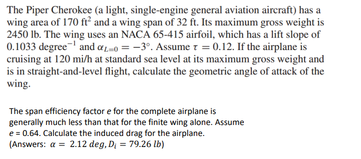 Solved The Piper Cherokee (a light, single-engine general | Chegg.com