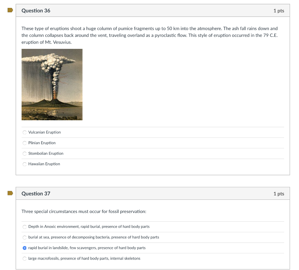 Solved Question 36 1 pts These type of eruptions shoot a | Chegg.com