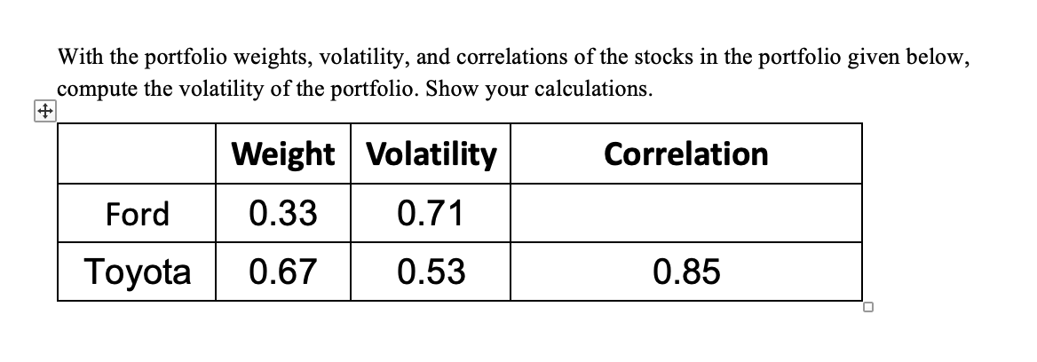 Solved With the portfolio weights, volatility, and | Chegg.com
